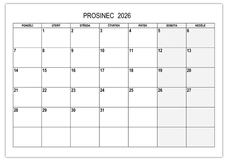 Kalendář prosinec 2026 – kalendare.su